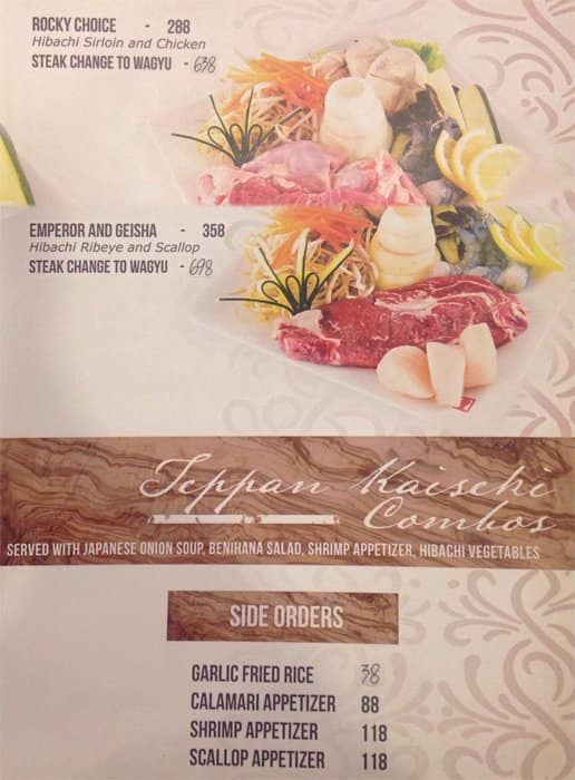 Menu at Benihana restaurant, Jakarta, Plaza Indonesia