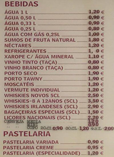 Menu at Zante restaurant, Lisbon