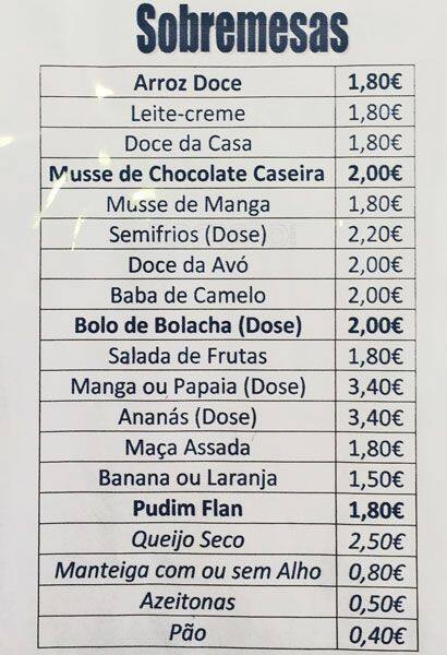 Menu at Zante restaurant, Lisbon