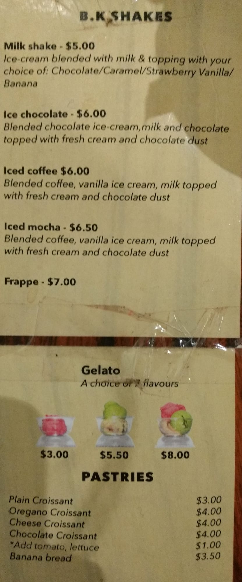 Menu at Bakery's King, Parramatta