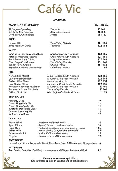 Menu at Café Vic restaurant, Melbourne, 100 St Kilda Rd