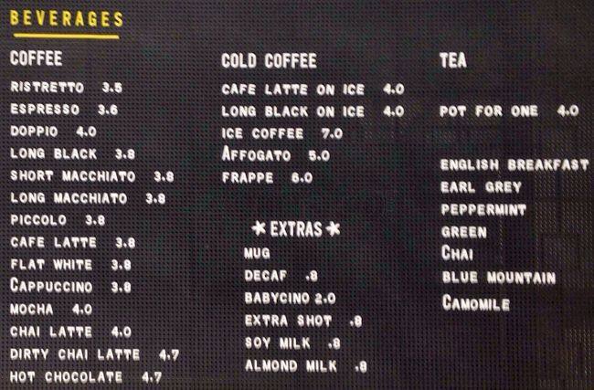 Menu at Penny University restaurant, Adelaide