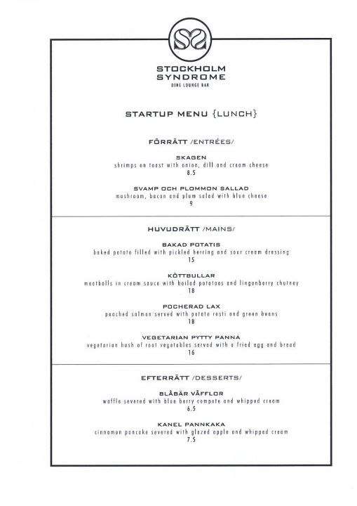 Menu at Stockholm Syndrome restaurant, Albion