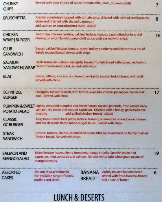 Menu at Cafe Gold Coast, Labrador, 12/300 Marine Parade