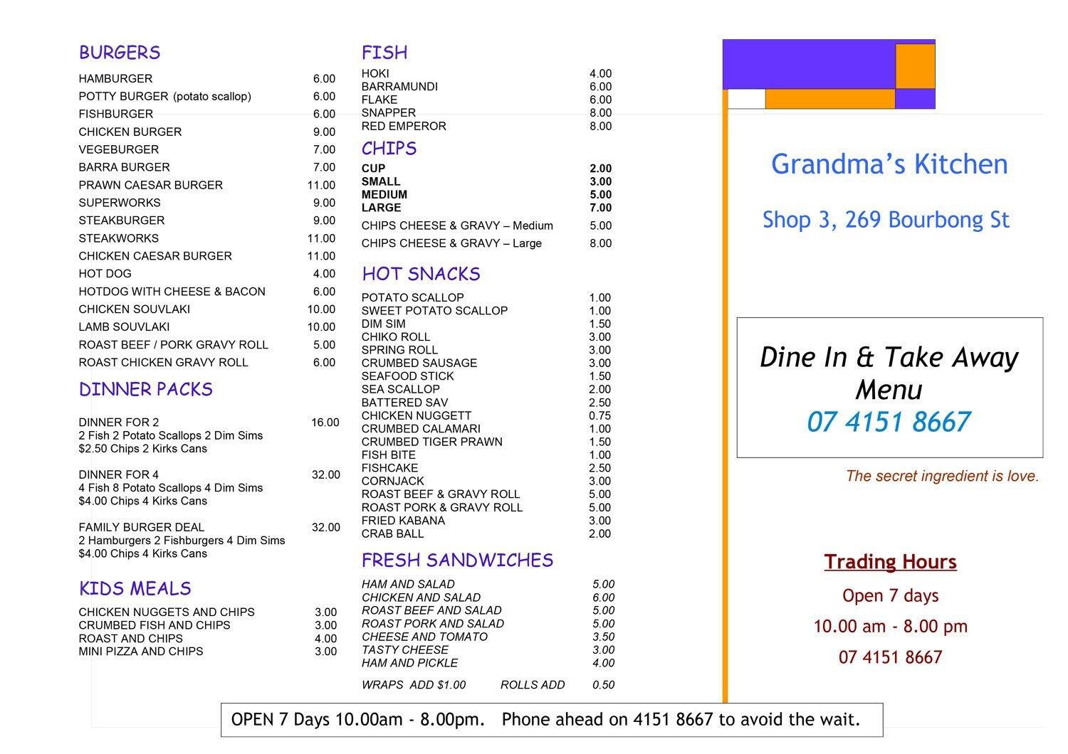 Menu at Grandma's Kitchen fast food, Bundaberg Central