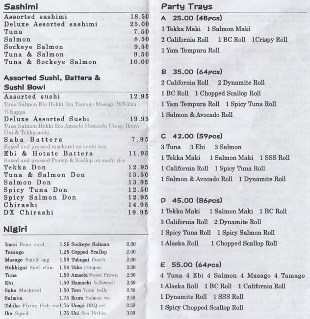 Menu at Ikoi Sushi restaurant, New Westminster