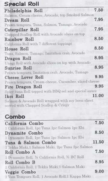 Menu at Ikoi Sushi restaurant, New Westminster