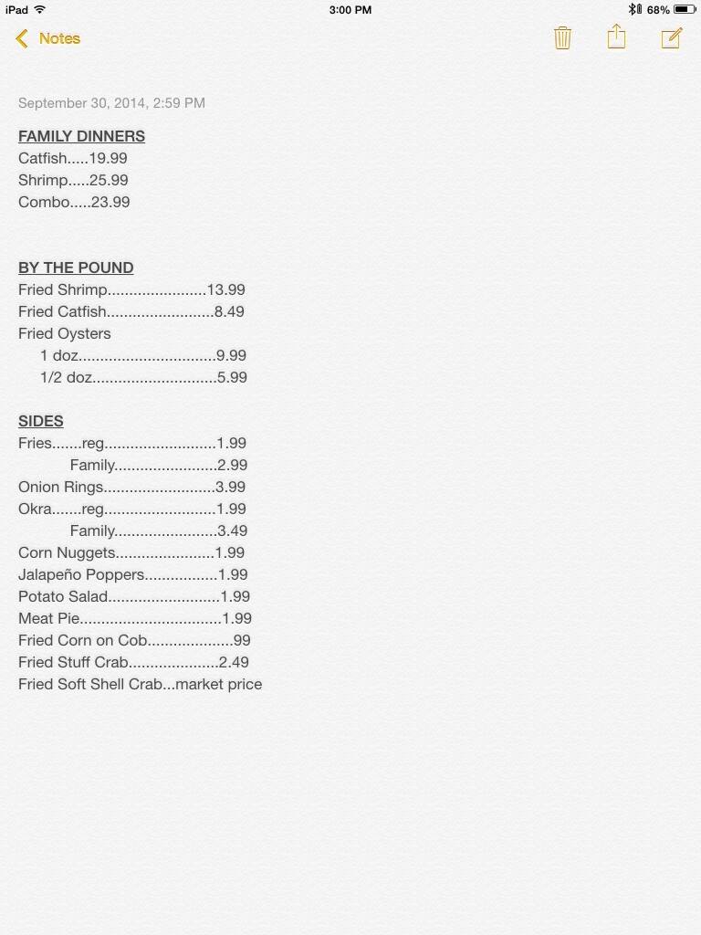 Menu at Mandeville Seafood restaurant, Mandeville