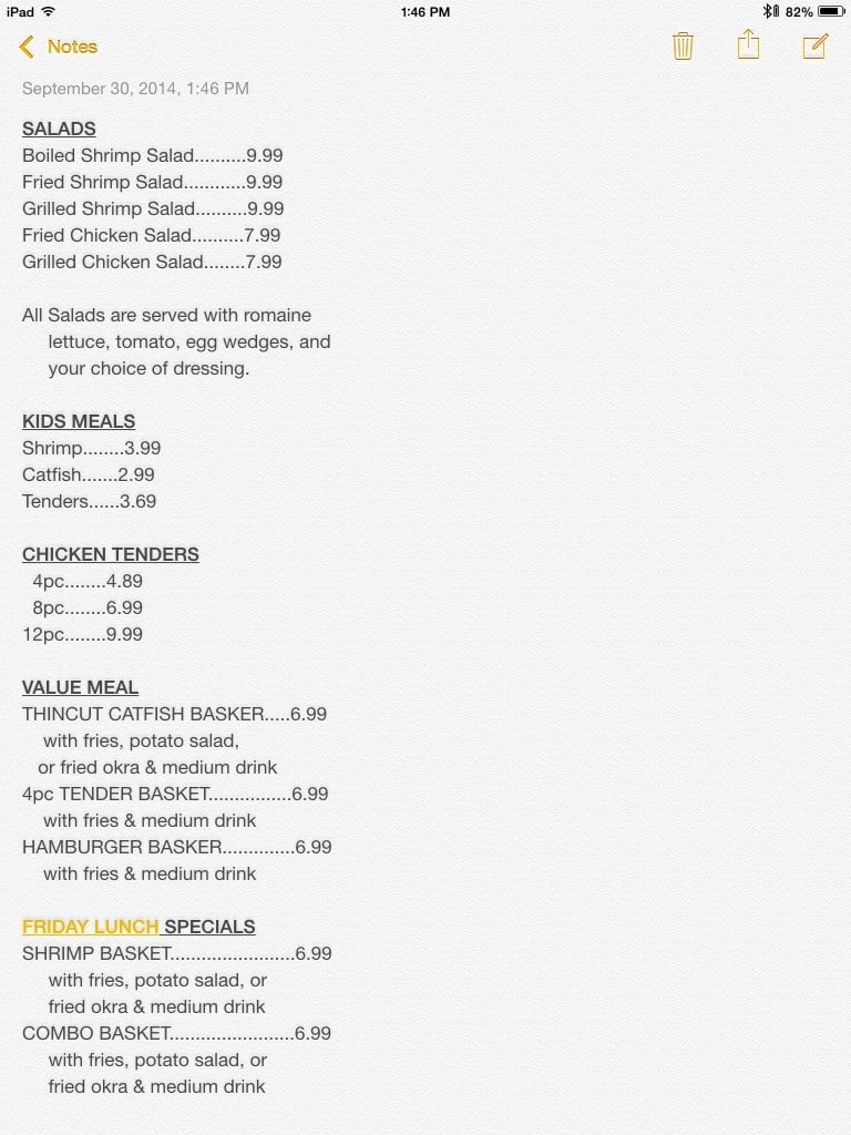 Menu at Mandeville Seafood restaurant, Mandeville