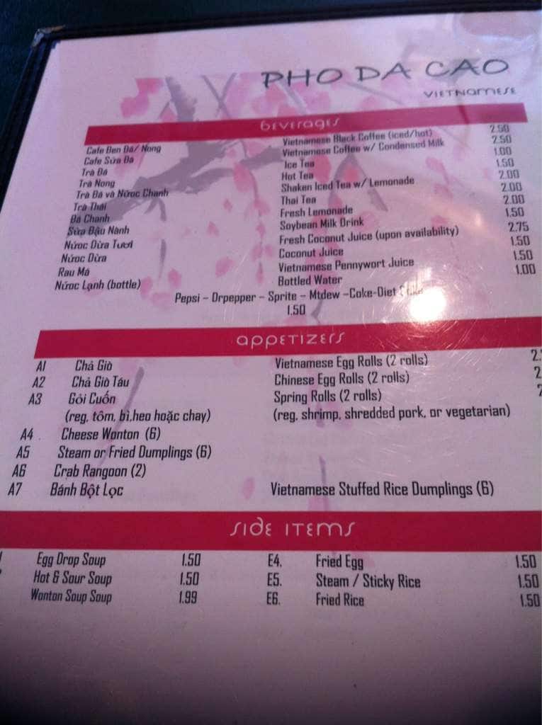Menu at Pho Da Cao restaurant, Tulsa