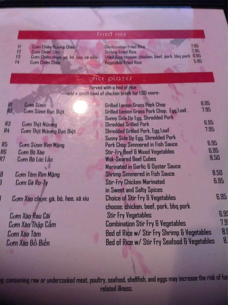 Menu at Pho Da Cao restaurant, Tulsa