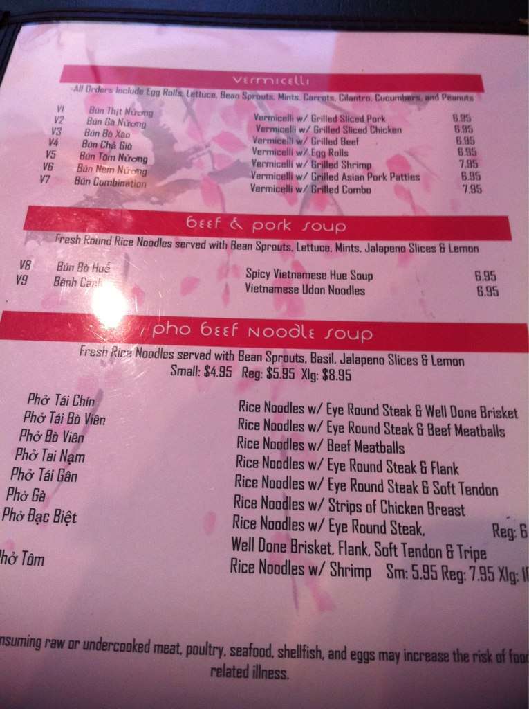 Menu at Pho Da Cao restaurant, Tulsa