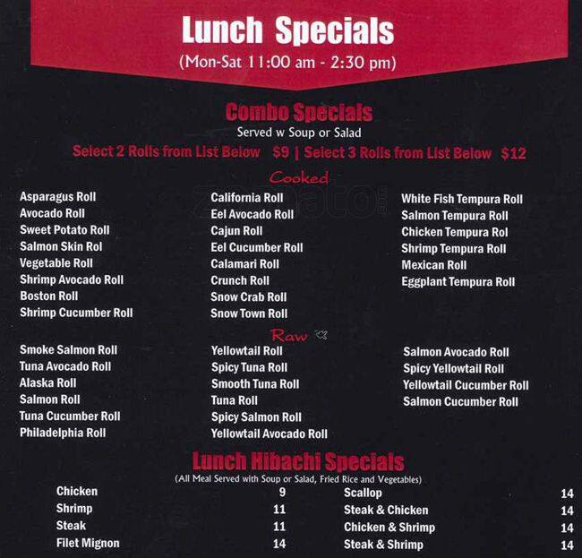 Menu at Tokyo Japanese Steak House restaurant, Lafayette