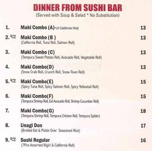 Menu at Tokyo Japanese Steak House restaurant, Lafayette