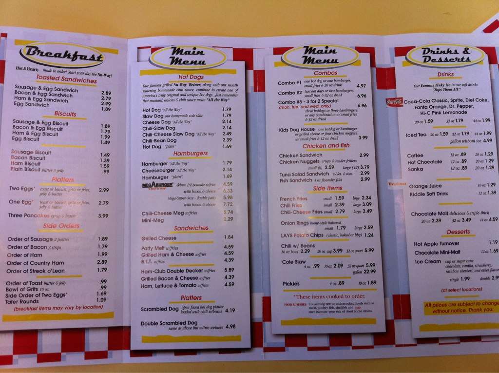 Nu-Way Weiners Menu, Menu for Nu-Way Weiners, Warner Robins, Macon ...