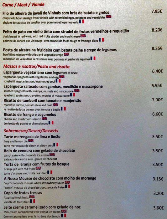 Menu at Arte restaurant, Porto
