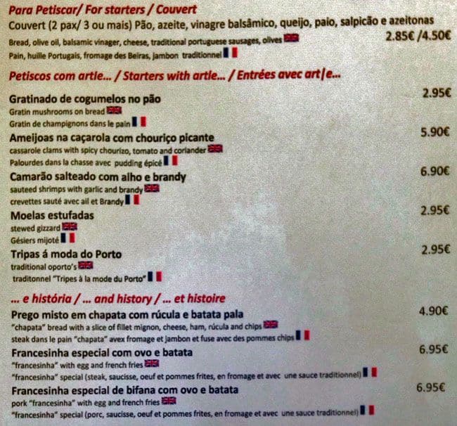 Menu at Arte restaurant, Porto