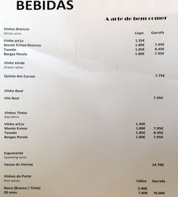 Menu at Arte restaurant, Porto