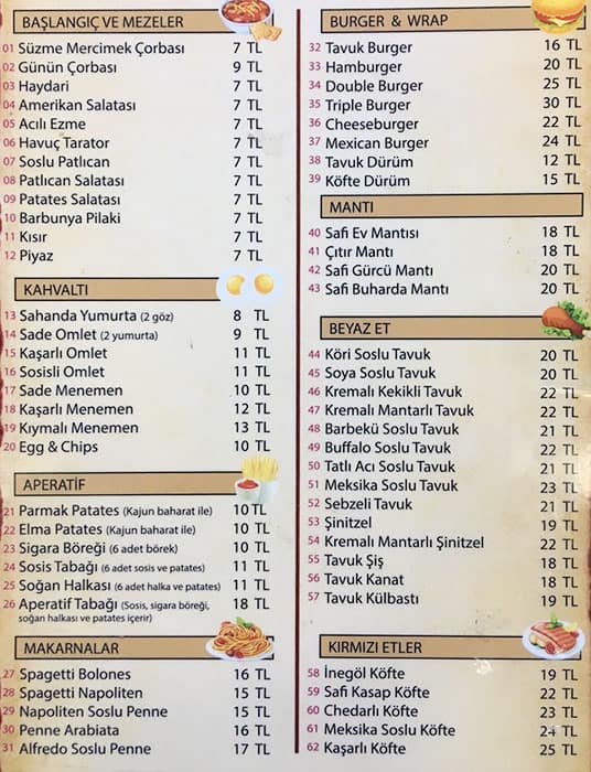 Menu at Safi Cafe Restaurant, Istanbul