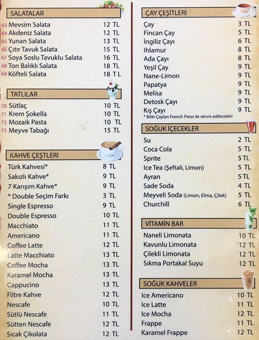 Menu at Safi Cafe Restaurant, Istanbul