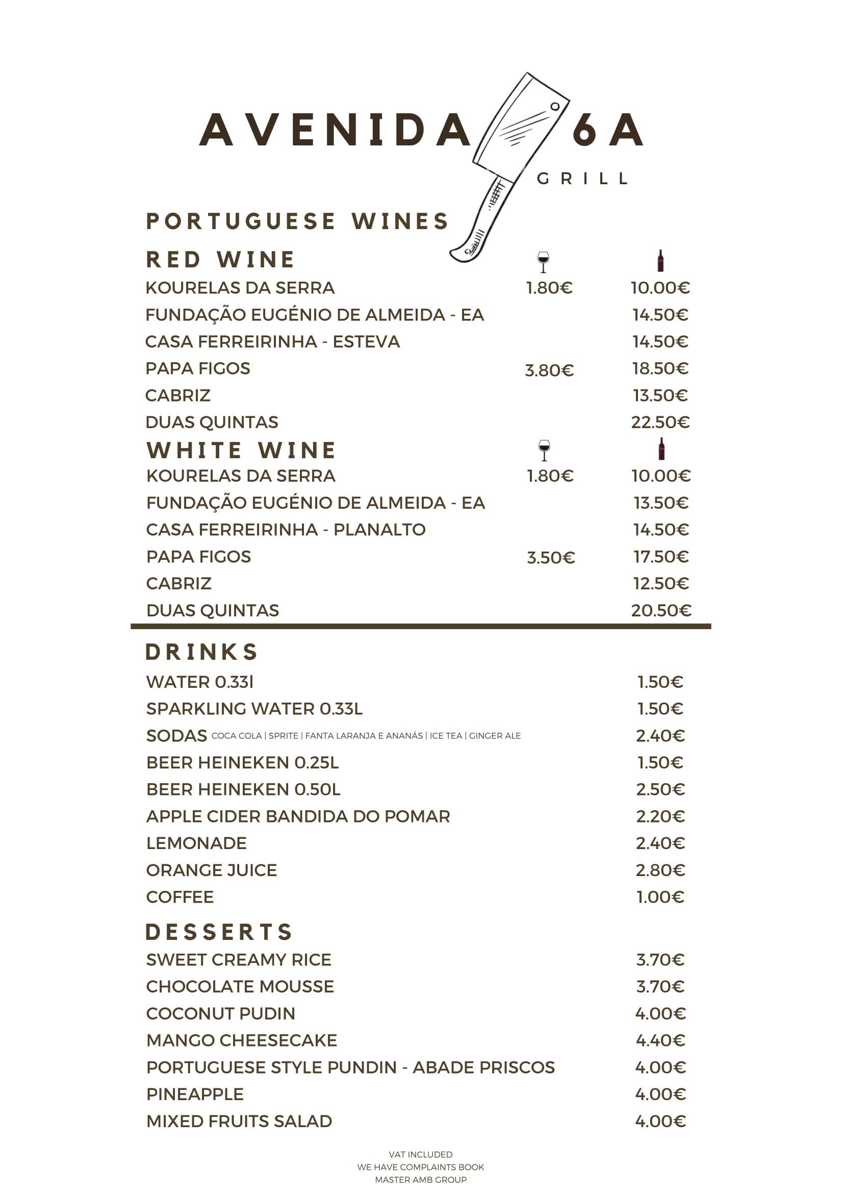 Menu em Avenida Restaurant & Bar, Lisboa