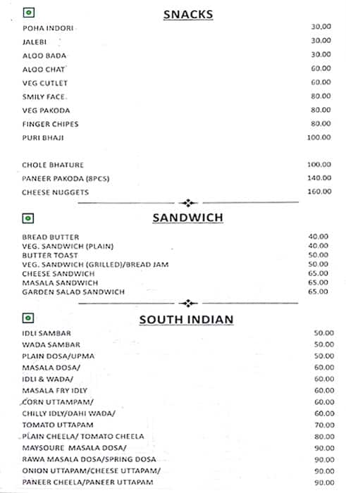 Menu of Rooftop Restaurant, MR 10 Road, Indore