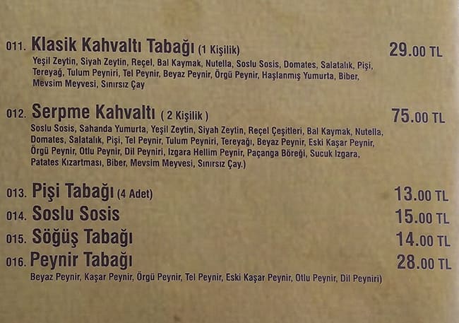 Menu at Baraka, Istanbul, Fenerbahçe Parkı Fenerbahçe