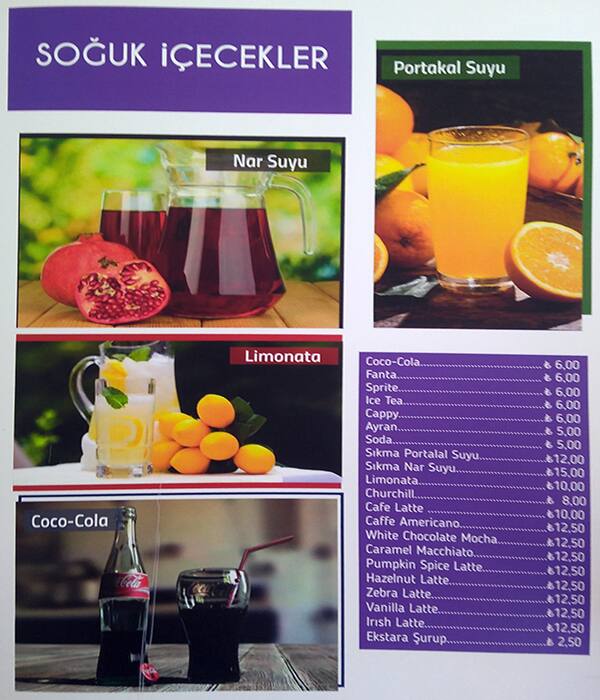 Menu at Lezzet Vefa Cafe, Istanbul