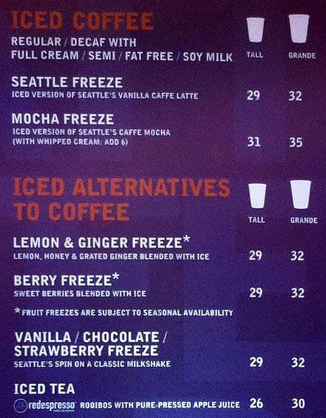 Speisekarte von Seattle Coffee Company Church Square fast Food, Kapstadt