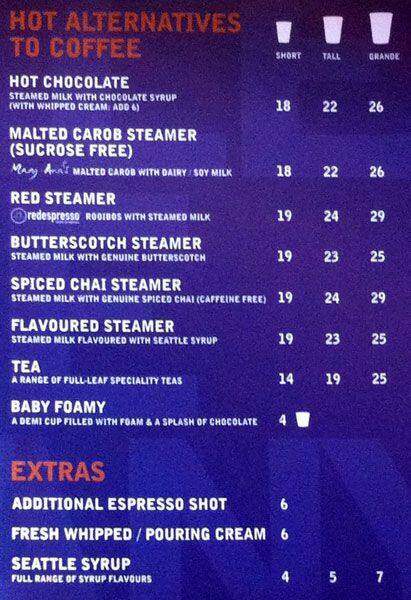 Speisekarte von Seattle Coffee Company Church Square fast Food, Kapstadt