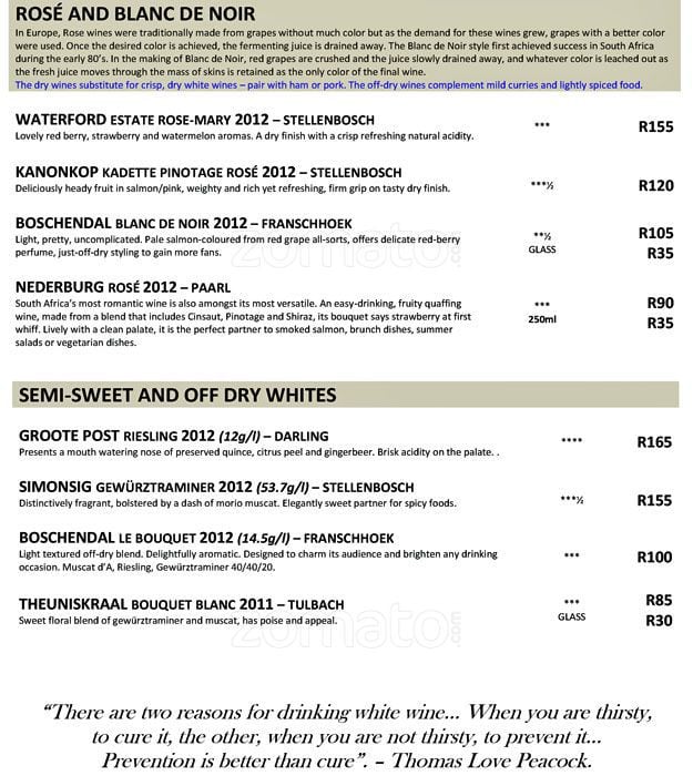 Menu au Cantare Dinner and Dance restaurant, Sandton