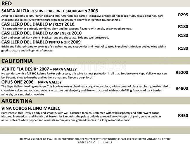 Menu au Cantare Dinner and Dance restaurant, Randburg