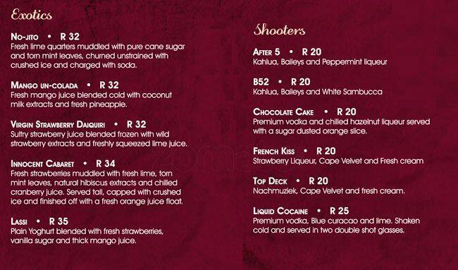 Menu au Cantare Dinner and Dance restaurant, Sandton