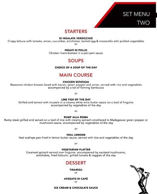 Menu au Cantare Dinner and Dance restaurant, Sandton
