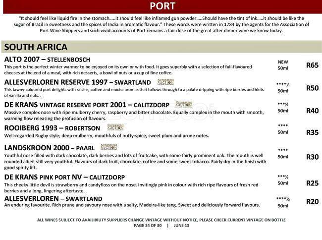 Menu au Cantare Dinner and Dance restaurant, Randburg