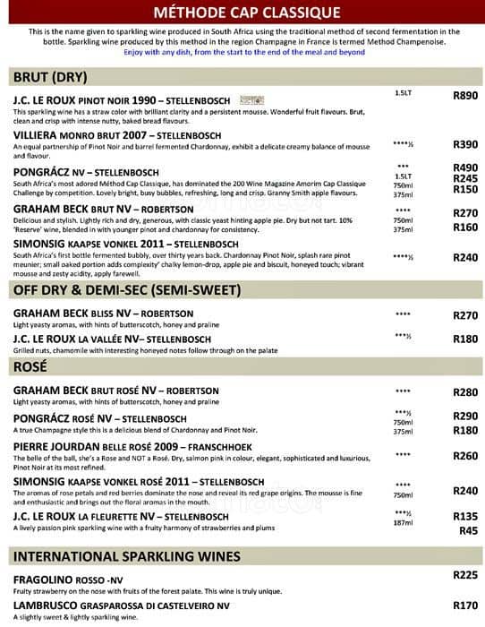 Menu at Cantare Dinner and Dance restaurant, Sandton