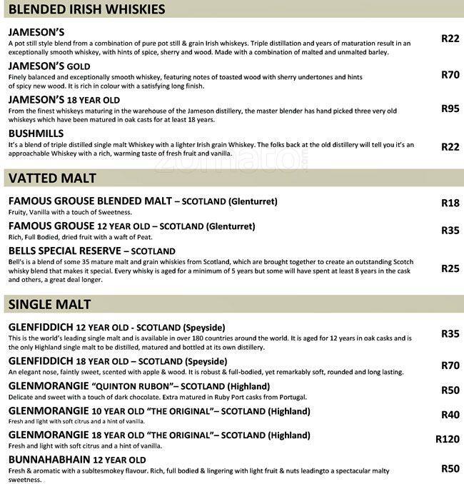 Menu at Cantare Dinner and Dance restaurant, Sandton