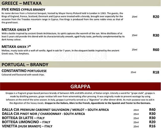 Menu at Cantare Dinner and Dance restaurant, Sandton