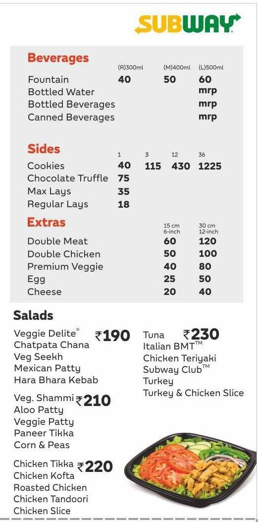 Menu at Subway, Hyderabad, 9CWF+PHG