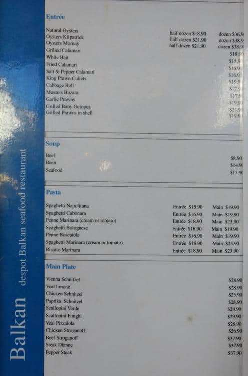 Menu at Balkan Seafood Restaurant, Surry Hills, 249 Crown St