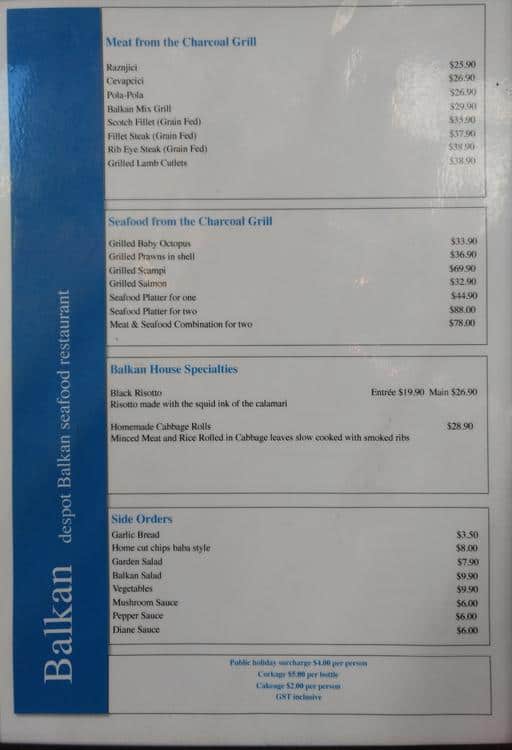 Menu at Balkan Seafood Restaurant, Surry Hills, 249 Crown St