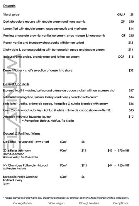 Menu at Platinum Restaurant, Chirnside Park