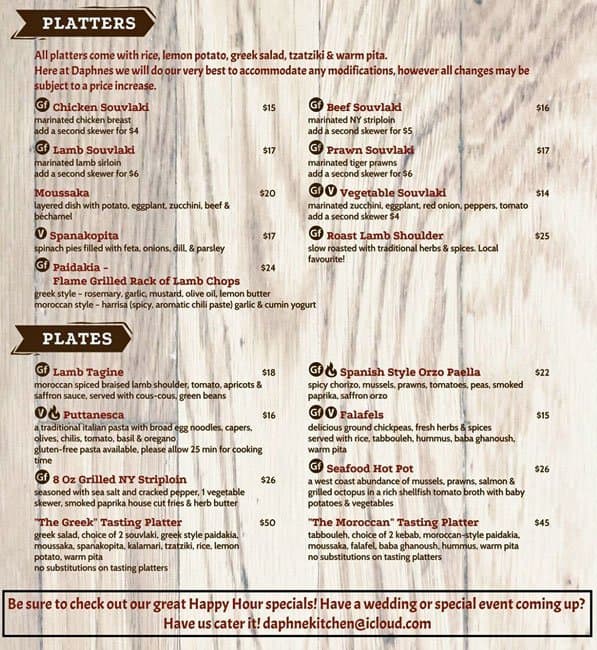 Menu at Daphne's restaurant, Sechelt