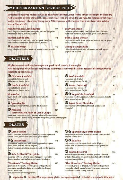 Menu at Daphne's restaurant, Sechelt