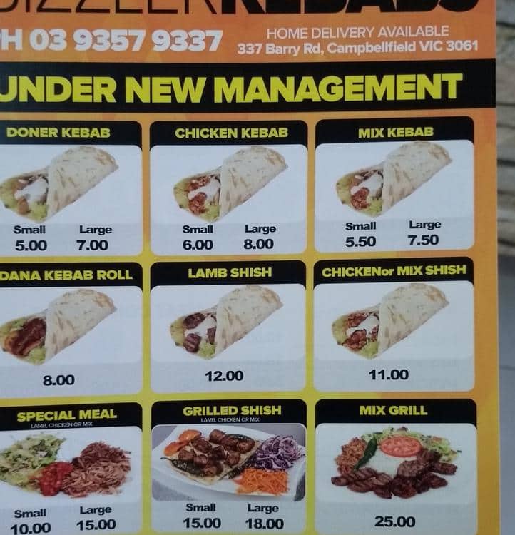 Menu at Bizzler fast food, Campbellfield