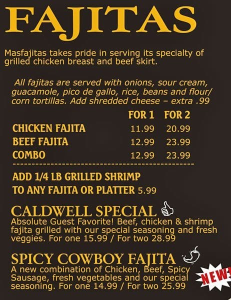 Menu at Masfajitas restaurant, Taylor, W 2nd St