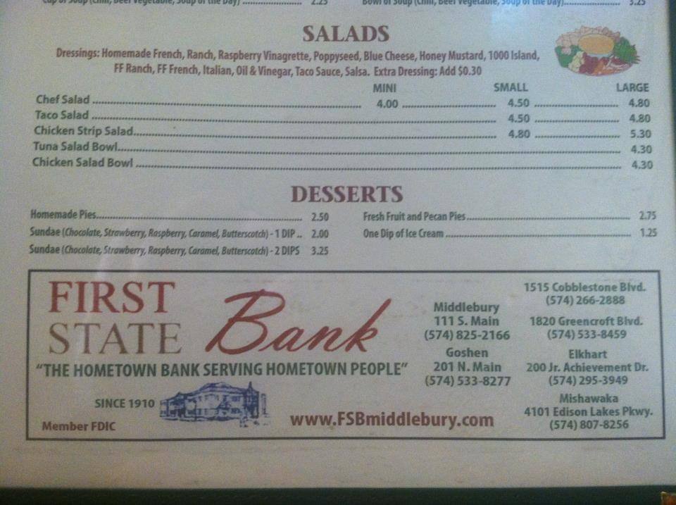 Menu at Village Inn restaurant, Middlebury