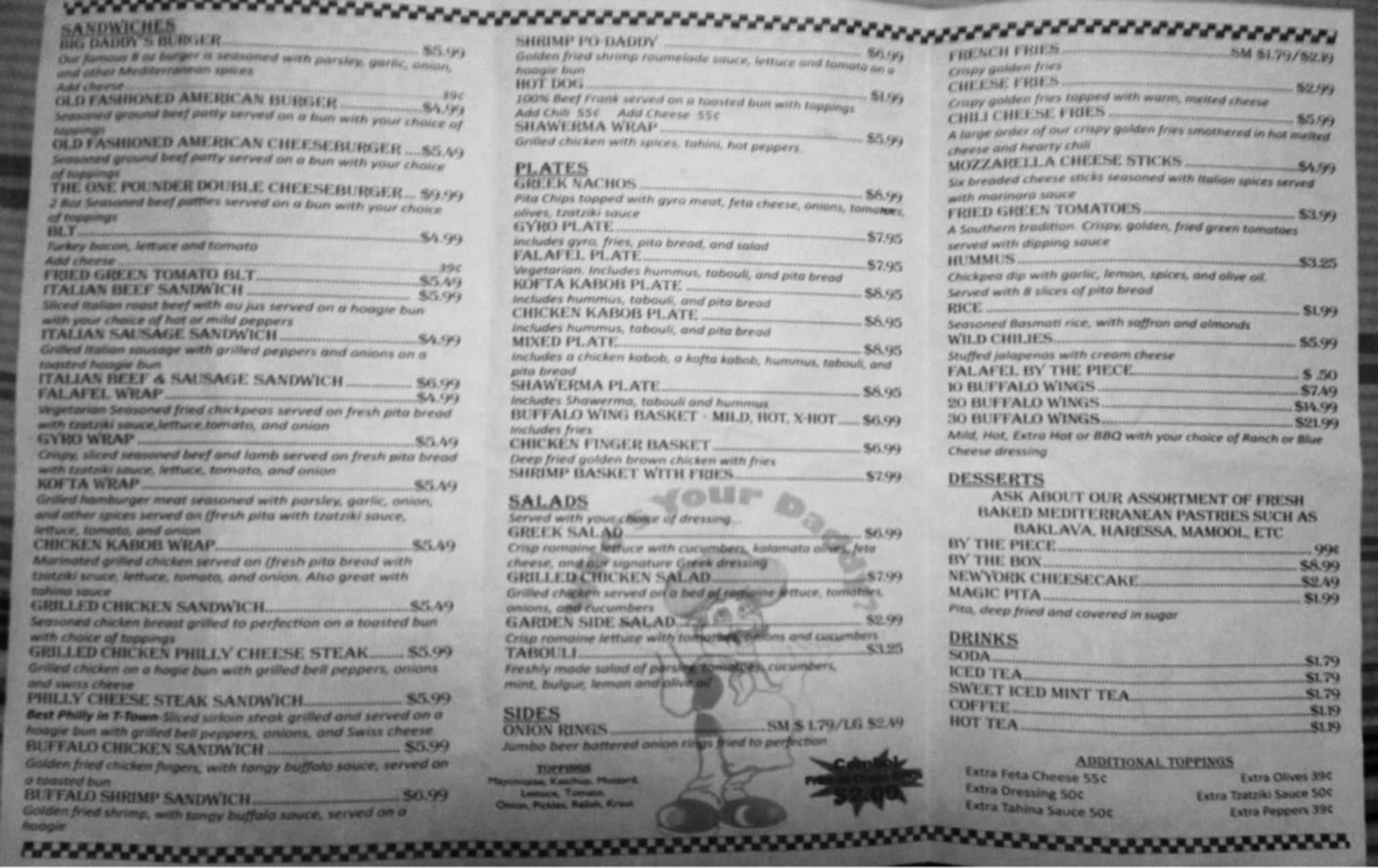 Menu at Big Daddy's cafe, Tuscaloosa