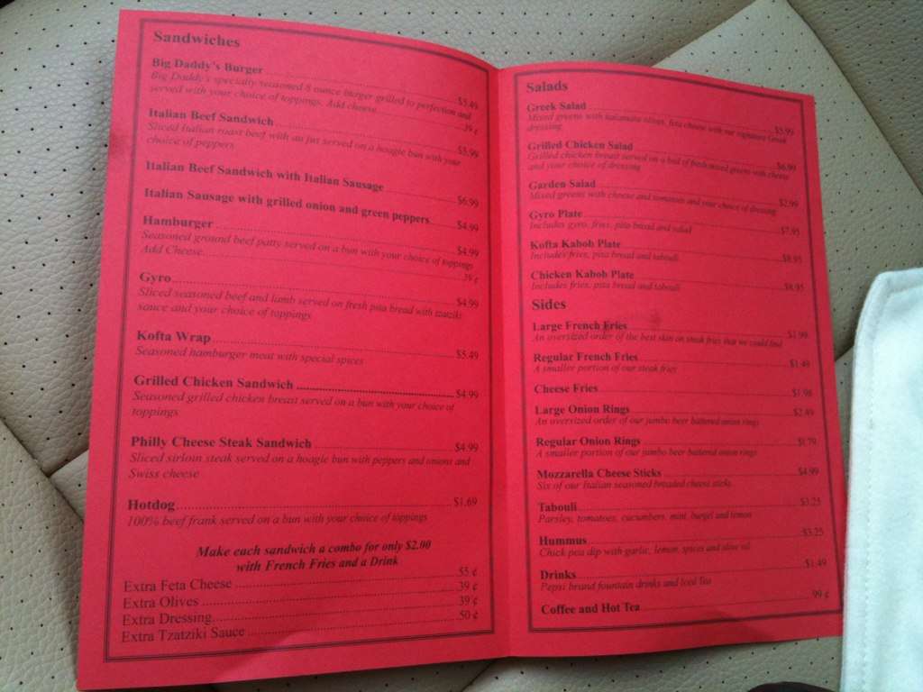 Menu at Big Daddy's cafe, Tuscaloosa