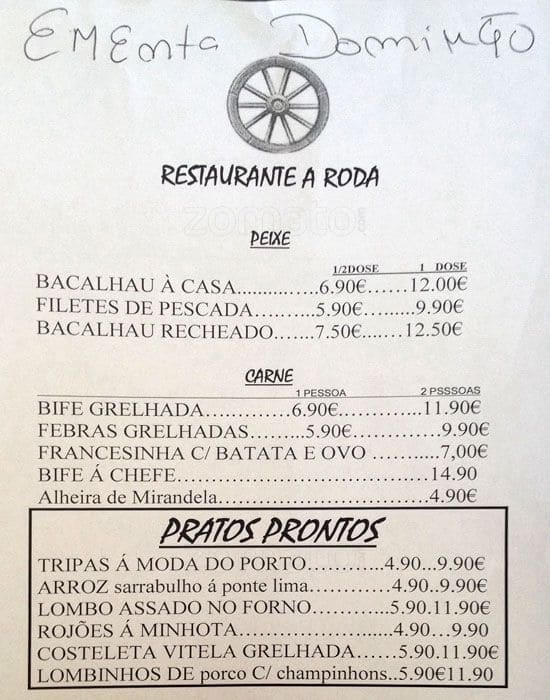 Menu at Restaurante Roda, Porto